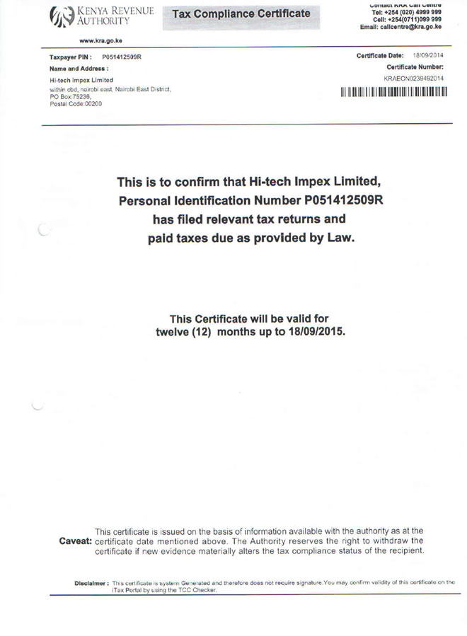 Hi-Tech Impex Limited Compliance Certificate