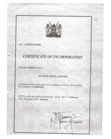 Hi-Tech Impex Limited Certificates
